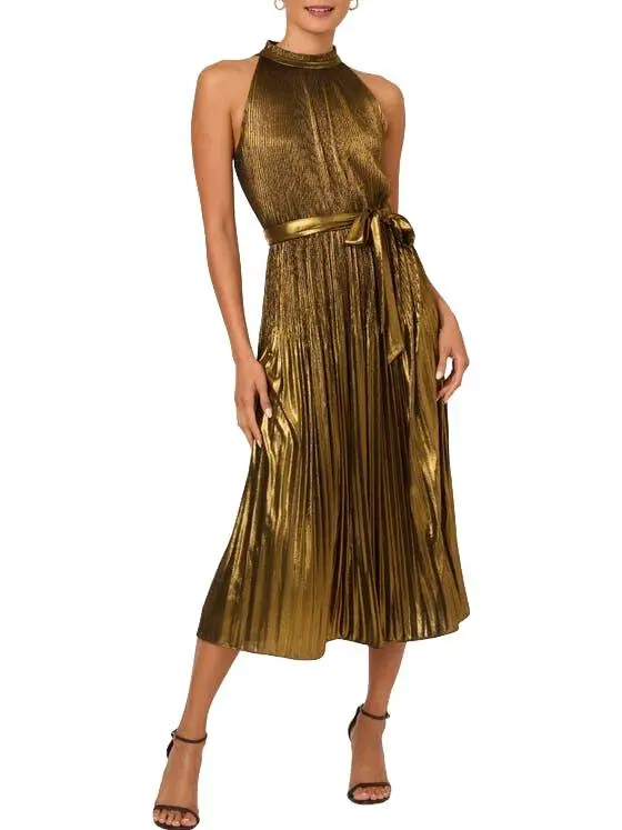 Adrianna Papell Pleated Metallic Midi Dress - Gold