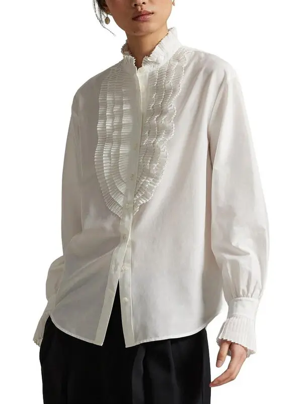 Polo Ralph Lauren Pleated Bib Cotton & Silk Button-up Shirt - White