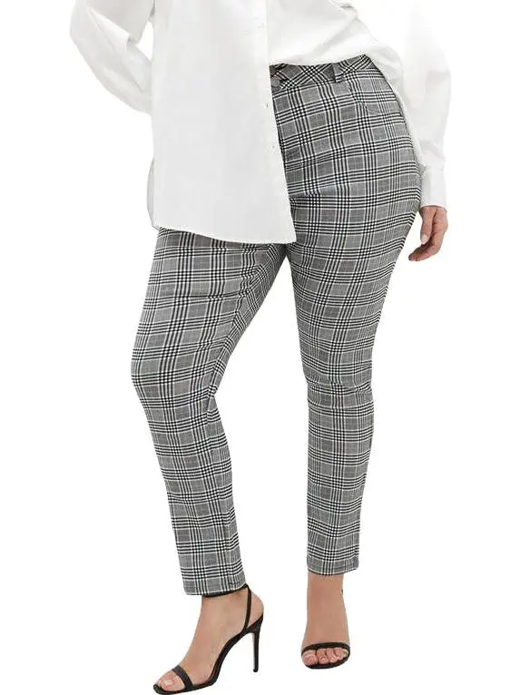 City Chic Bengaline Check Skinny Leg Pants - Black Check