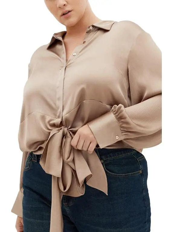 City Chic Ellie Long Sleeve Tie Front Satin Shirt - Taupe