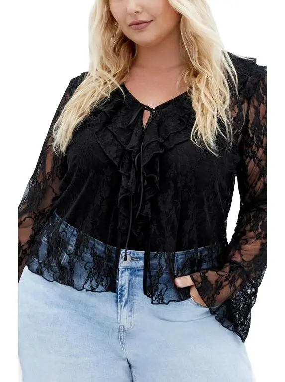 City Chic Lacie Ruffle Long Sleeve Lace Top - Black Lace