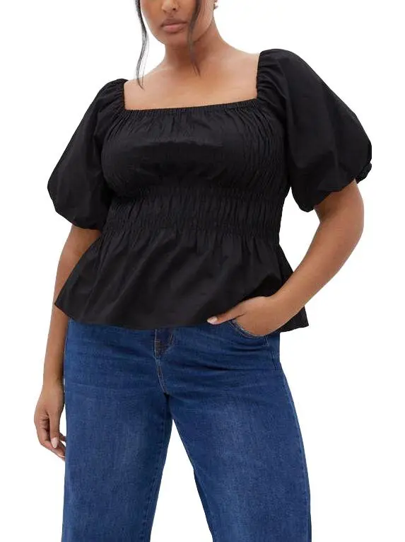 City Chic Smocked Peplum Top - Black