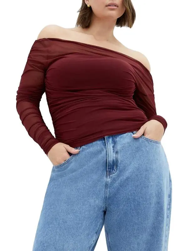 City Chic Anastasia Long Sleeve Mesh Top - Chocolate Cherry