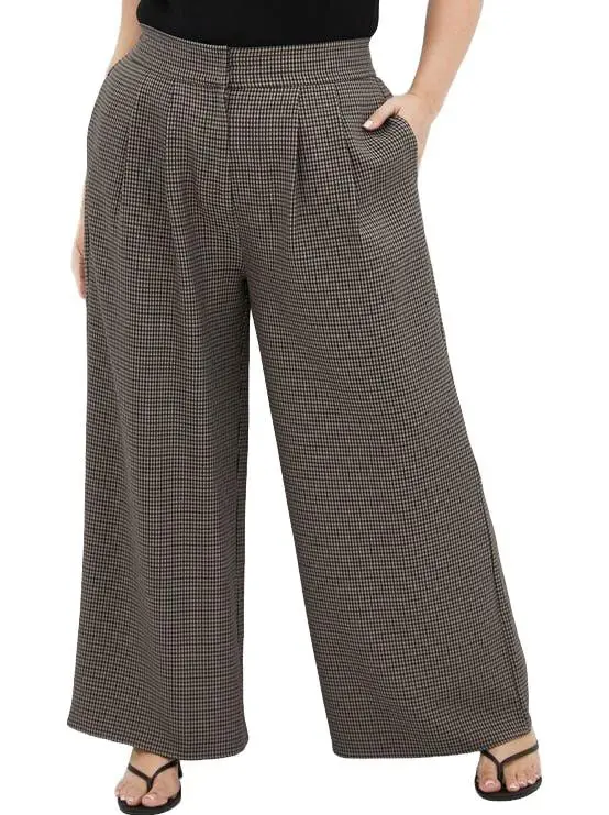 City Chic Tiana Houndstooth Check Wide Leg Trousers - Plaid