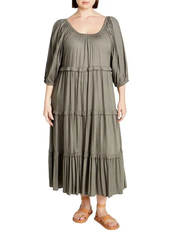 City Chic Ophelia Ruffle Tiered Dress - Khaki