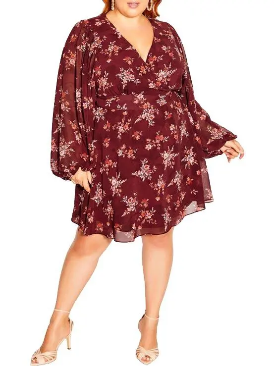 City Chic Mariella Long Sleeve Faux Wrap Dress - Red Print