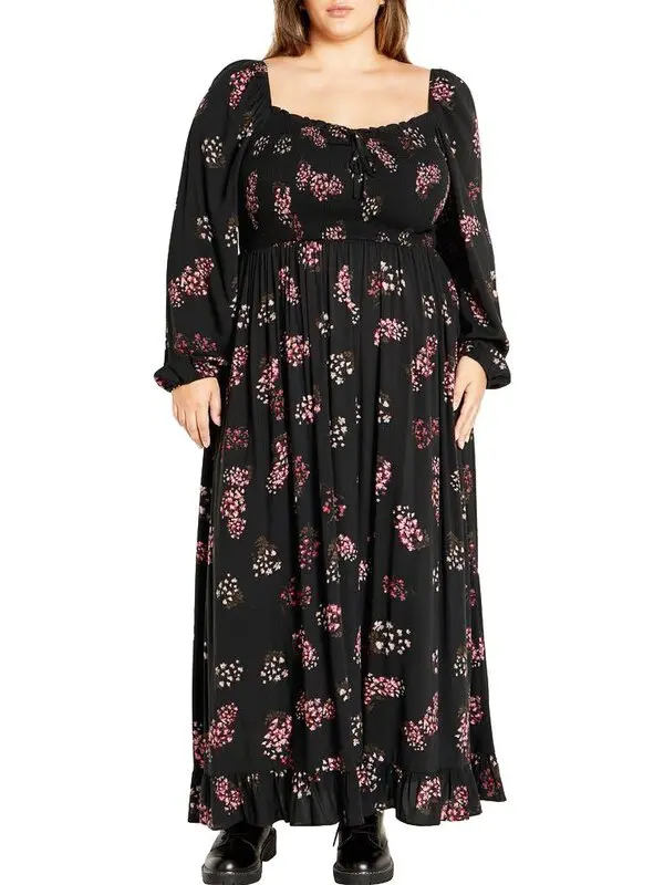 City Chic Long Sleeve Smocked Bodice Maxi Dress - Floral