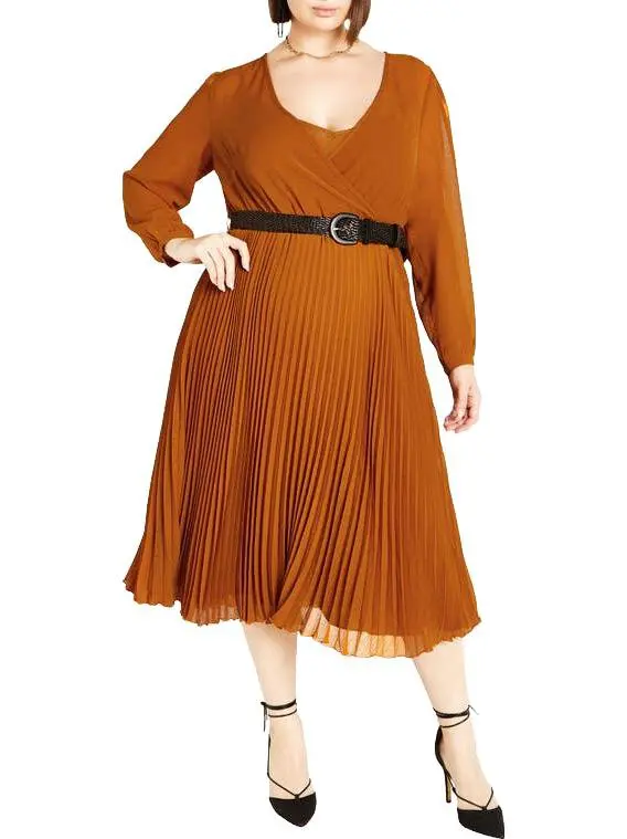 City Chic Emberly Pleated Long Sleeve Belted Midi Dress - Toffee