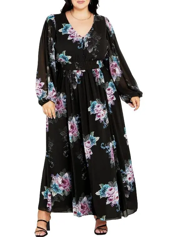 City Chic Ottilie Long Sleeve Maxi Dress - Black Print
