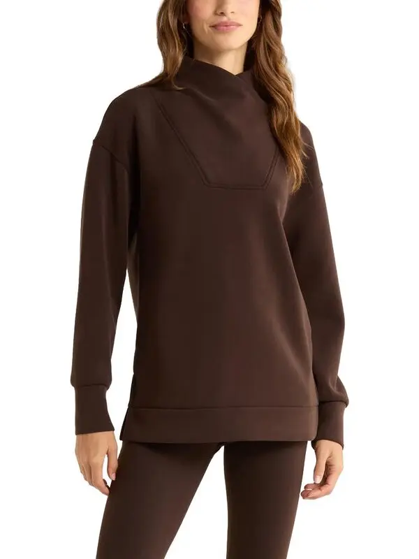 Zella Cozy Scuba Knit Mock Neck Tunic - Brown Mole