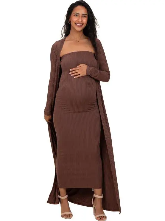 PINKBLUSH Ribbed Sleeveless Dress Cardigan Set - Brown