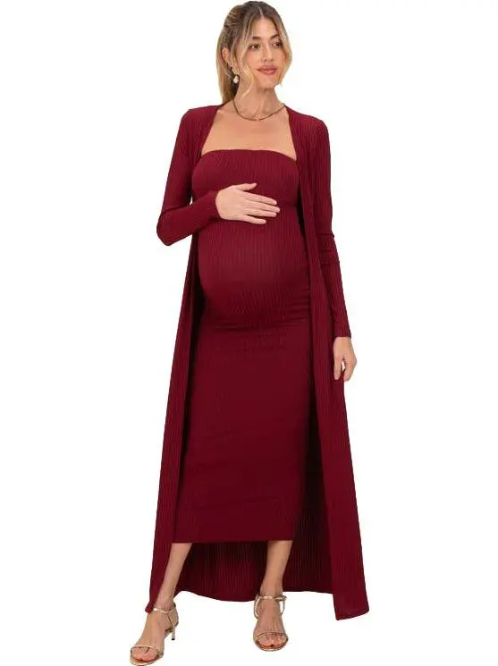 PINKBLUSH Ribbed Sleeveless Dress Cardigan Set - Burgundy