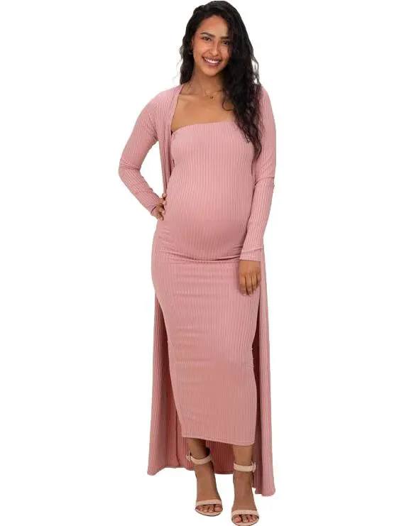 PINKBLUSH Ribbed Sleeveless Dress Cardigan Set - Mauve