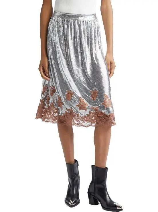 Rabanne Lace Trim Metallic Mesh A-line Skirt - Silver