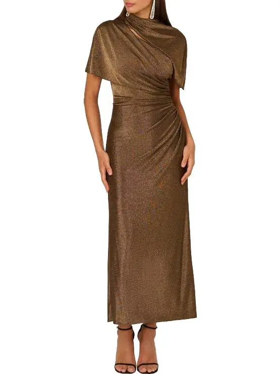 Adrianna Papell Side Ruched Metallic Knit Gown - Gold