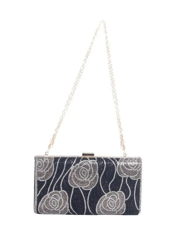 LAUREN LORRAINE Rhinestone Floral Clutch With Chain Strap - Black