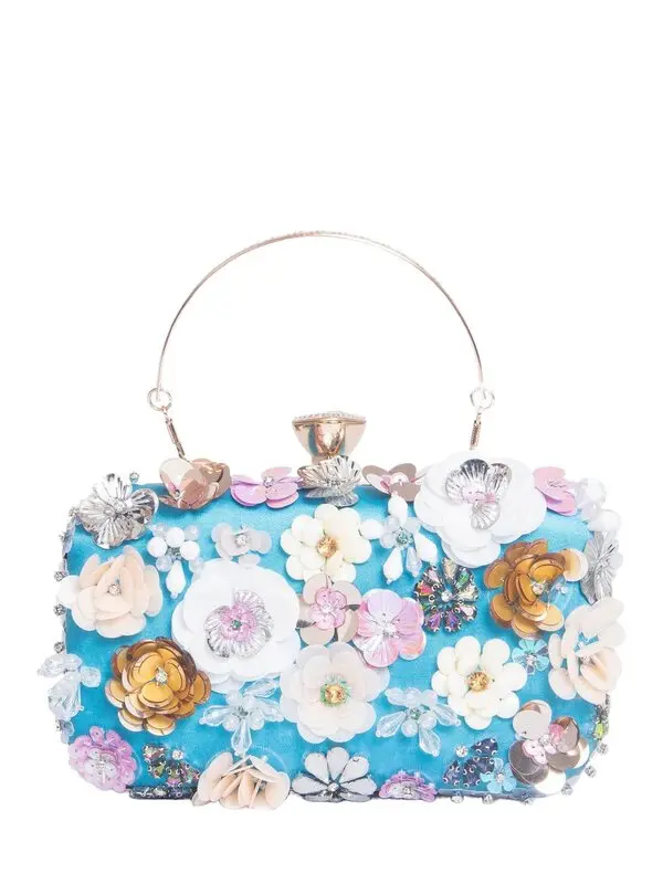 LAUREN LORRAINE Rhinestone Evening Clutch With Floral Appliqués - Blue