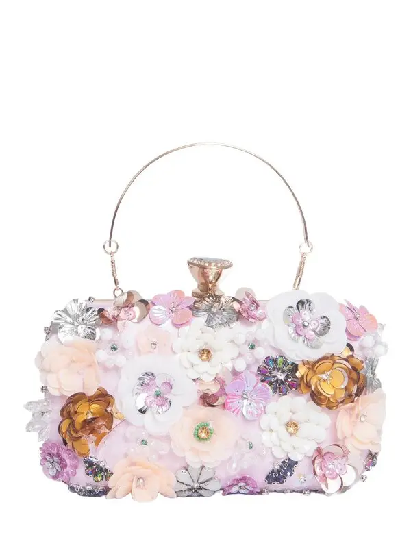 LAUREN LORRAINE Rhinestone Evening Clutch With Floral Appliqués - Pink