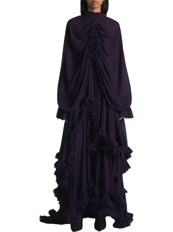 Alexander McQueen Draped Ruffle Long Sleeve Silk Georgette Gown - Violet