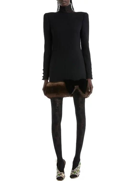Valentino Garavani Long Sleeve Wool Crepe Minidress With Shearling Trim - Black