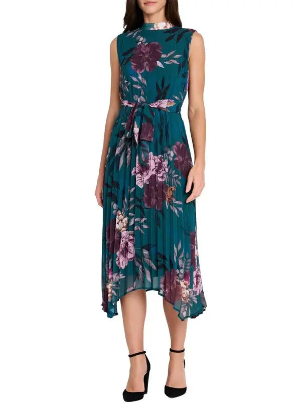 TAHARI ASL Floral Pleated Midi Dress - Ocean Teal