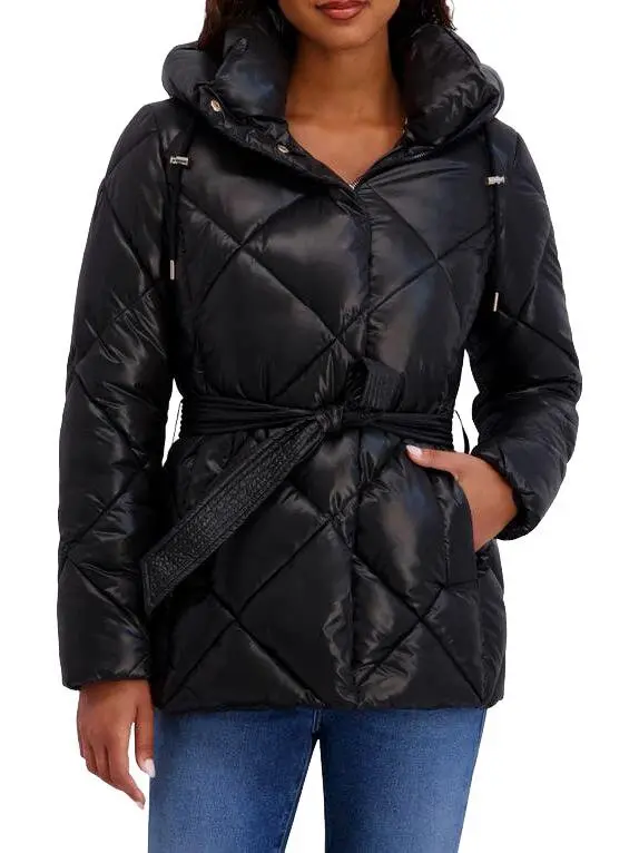 Kensie Belted Diamond Quilted Puffer Coat - Black