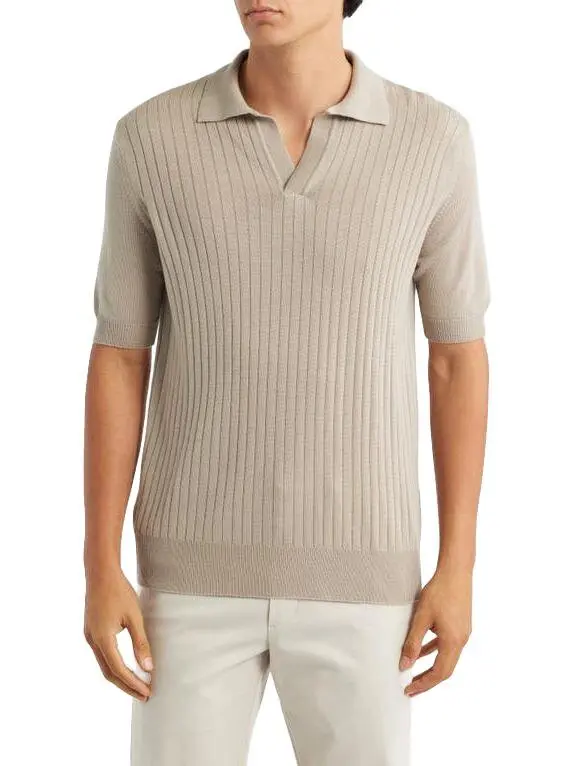 AURELIEN Ribbed Cashwool® Johnny Collar Polo Sweater - Greige