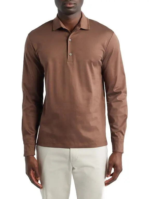 AURELIEN Mercerized Cotton Long Sleeve Polo - Chocolate
