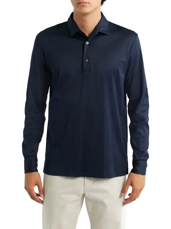 AURELIEN Mercerized Cotton Long Sleeve Polo - Navy