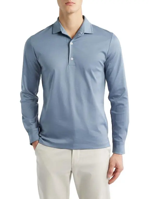 AURELIEN Mercerized Cotton Long Sleeve Polo - Steel Blue