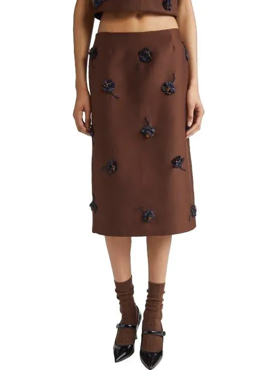 SHUSHU/TONG Floral Appliqué Straight Midi Skirt - Brown