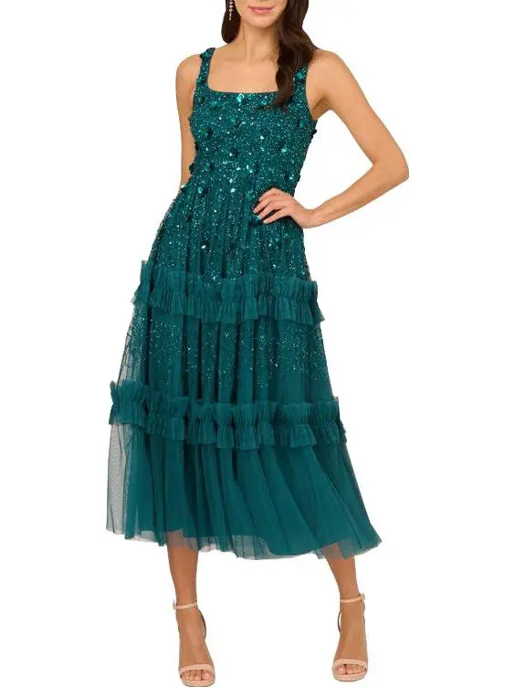 Adrianna Papell Embellished Ruffle Tiered Mesh Cocktail Dress - Deep Azure