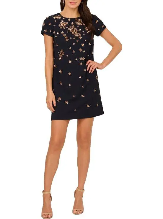 Adrianna Papell Beaded Crepe Sheath Dress - Midnight Rose Gold
