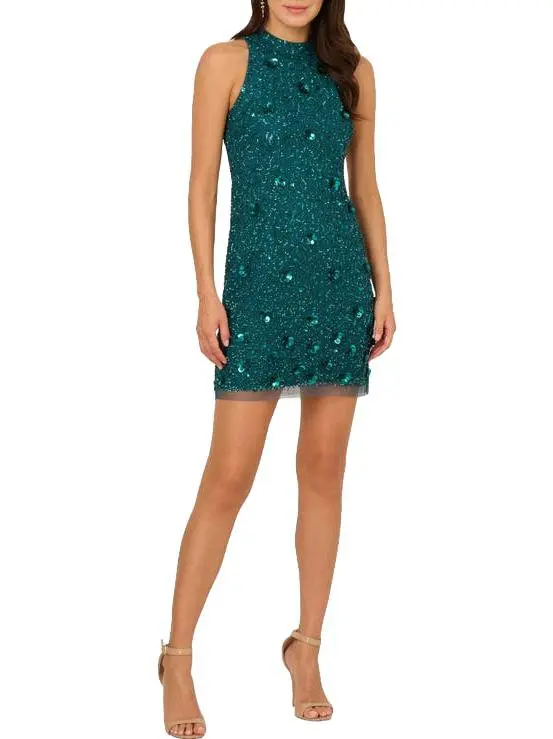 Adrianna Papell Floral Appliqué & Bead Detail Cocktail Sheath Dress - Deep Azure