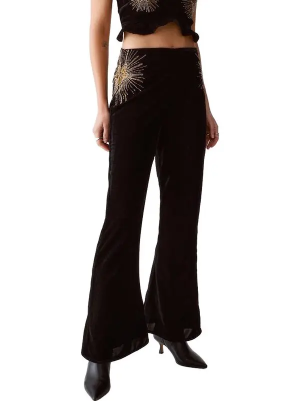 Nasty Gal Star Embellished Velvet Flared Pants - Black