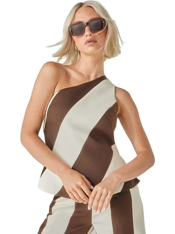 Nasty Gal Striped One-shoulder Tailored Top - Chocolate
