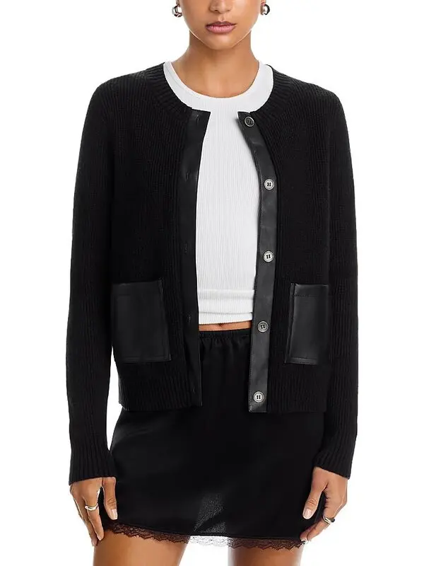 SIX FIFTY Faux Leather Trim Cardigan - Black