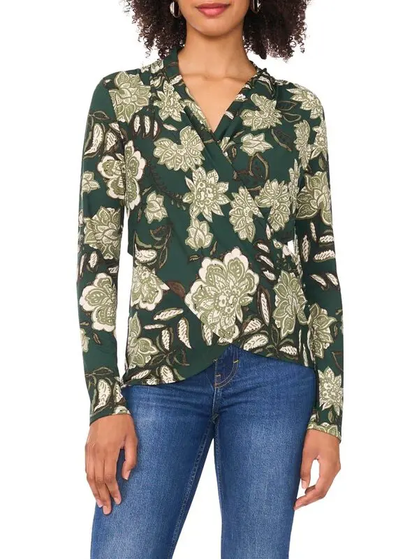 Vince Camuto Floral Print Faux Wrap Top - Forest Night