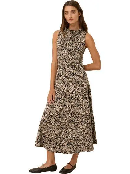 PACT Fit & Flare Cowl Neck Dress - Paisley Blossoms Black