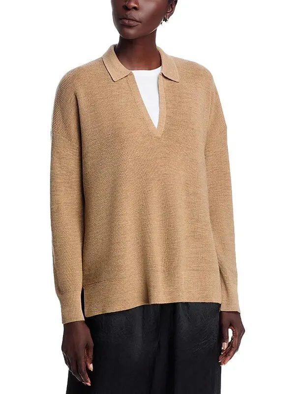 Eileen Fisher Wool Johnny Collar Sweater - Biscuit