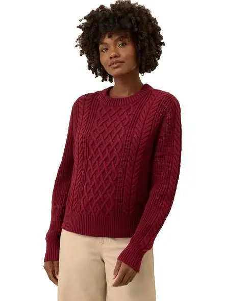 PACT Cable Knit Crew Sweater - Crimson Red