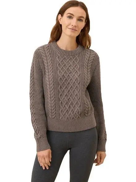 PACT Cable Knit Crew Sweater - Deep Taupe Heather