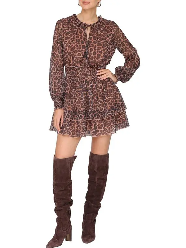Avec Les Filles Printed Ruffle Minidress - Mocha Cheetah