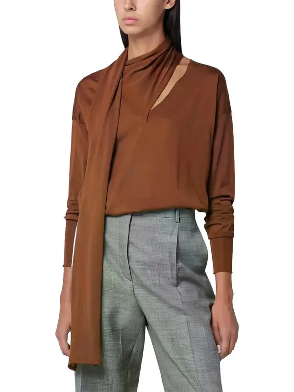 ROBERTO COLLINA Scarf-detail V-neck Blouse - Brown