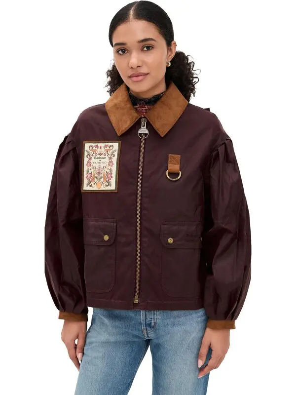Barbour X Farm Rio Thais Wax Jacket - Bordeaux/cream Heart Print