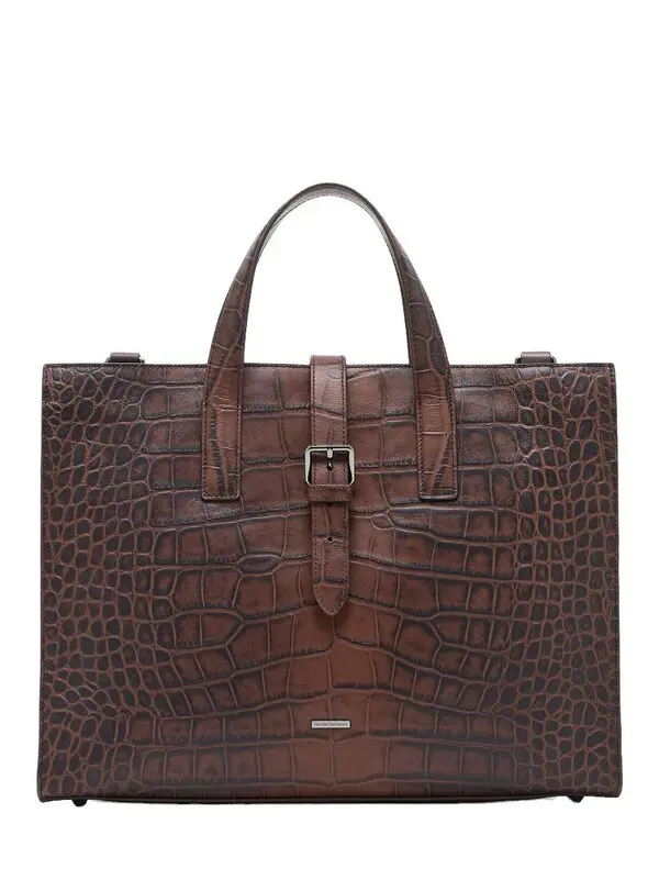 Emporio Armani Crocodile-effect Leather Briefcase - Brown