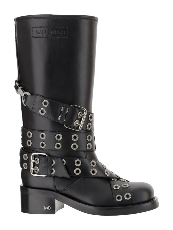 Mach & Mach Leather Combat Boots With Straps And Eyelets - Black