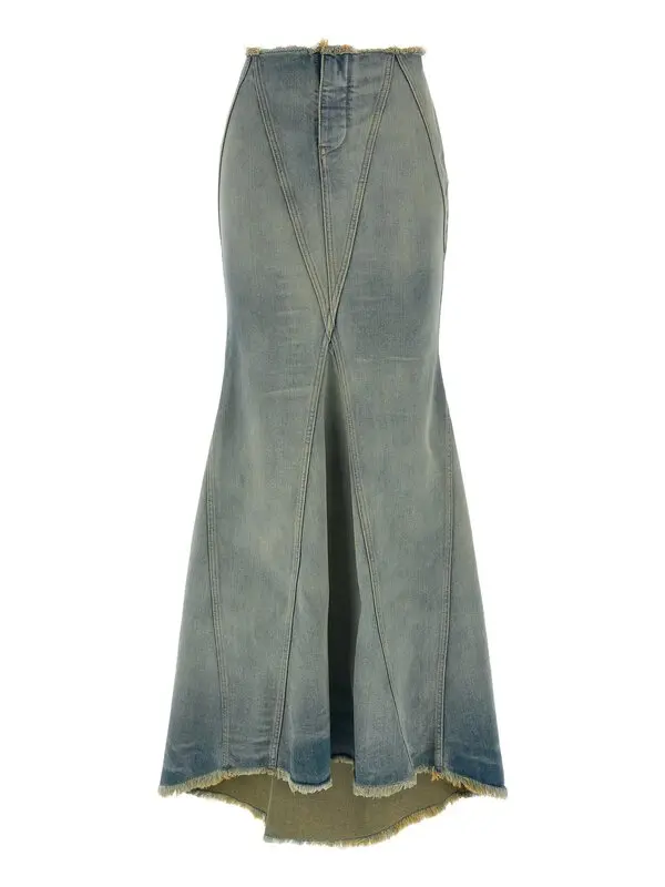 Off White Long Stonewashed Denim 'jane' Skirt With Fringed Details - Light Blue