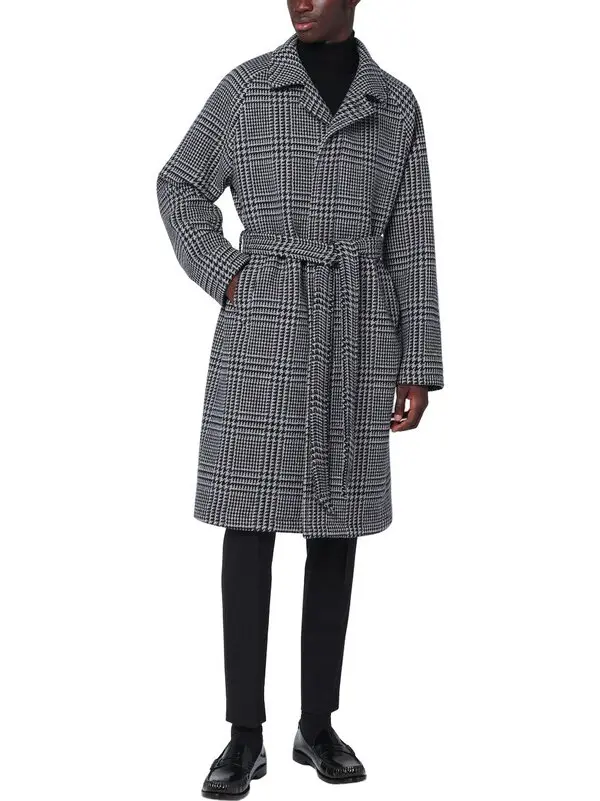 Tagliatore Wool Blend Coat With Prince Of Wales Pattern And Belt - Blue