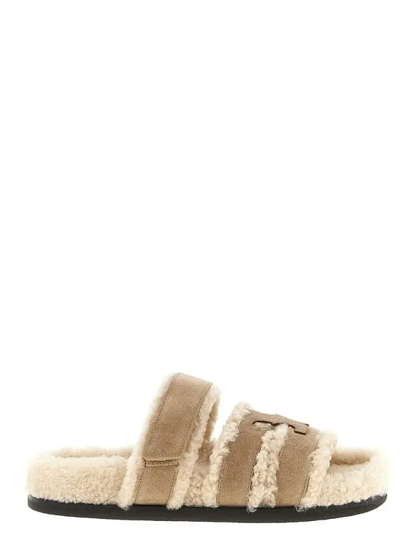 Tory Burch Ines Shearling-lined Suede Slides - Beige